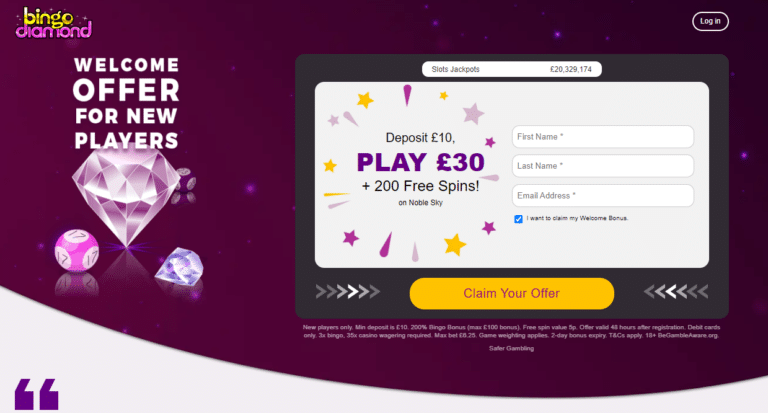 Bingo Diamond – Dep £10 play with £30 + 200 Free Spins – Sign up